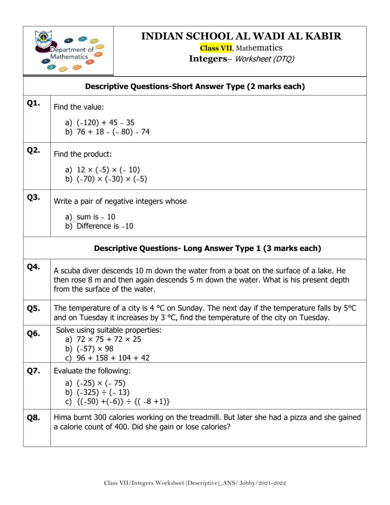 Integers Worksheet for Class VII - Math Problems