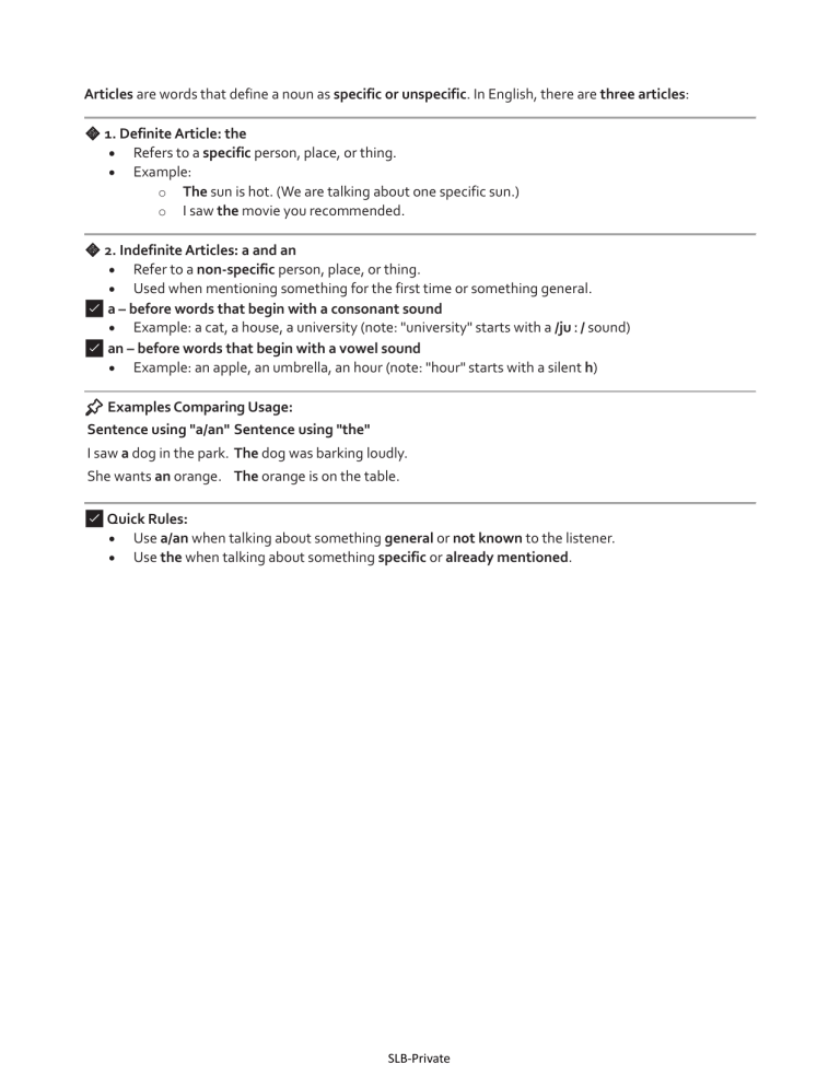 English Articles: A, An, The - Grammar Lesson