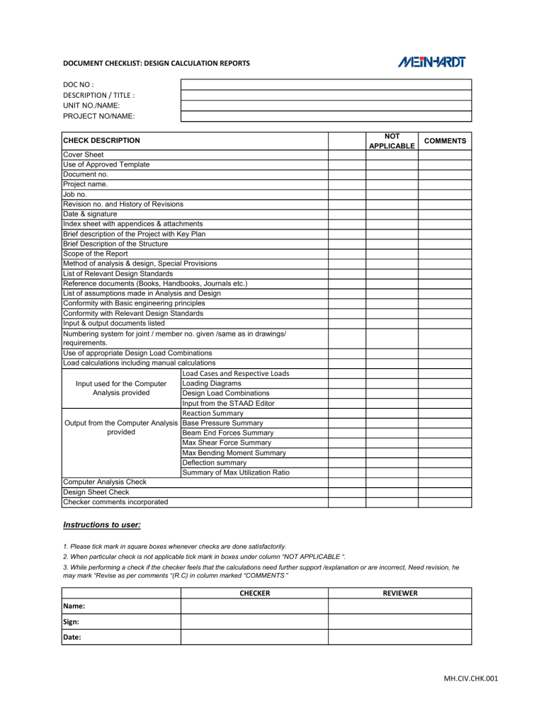 Design Calculation Report Checklist