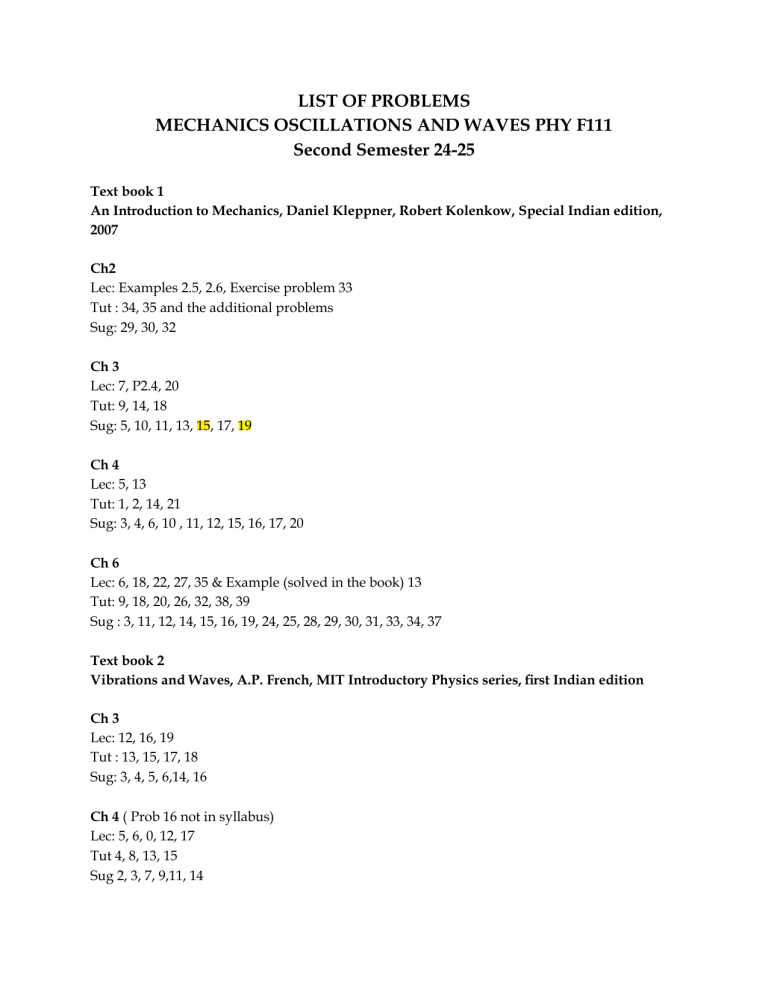 Physics Problem List: Mechanics, Oscillations, Waves (PHY F111)