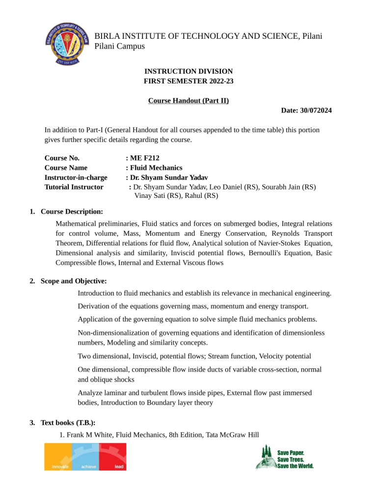 Fluid Mechanics Course Handout - BITS Pilani