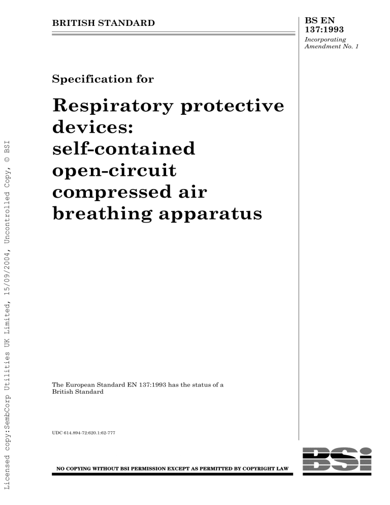 BS EN 137:1993: Respiratory Protective Devices Standard
