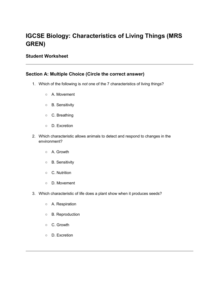 IGCSE Biology: Characteristics of Living Things Worksheet