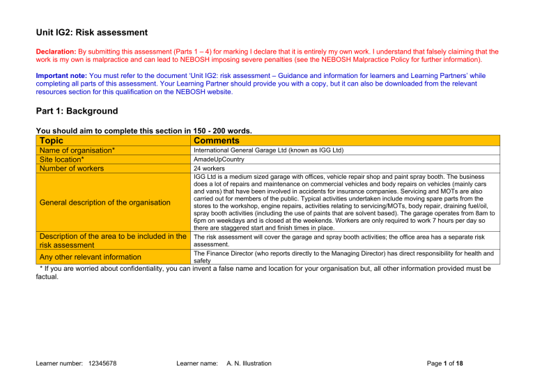 NEBOSH Unit IG2 Risk Assessment Example: Garage & Spray Booth