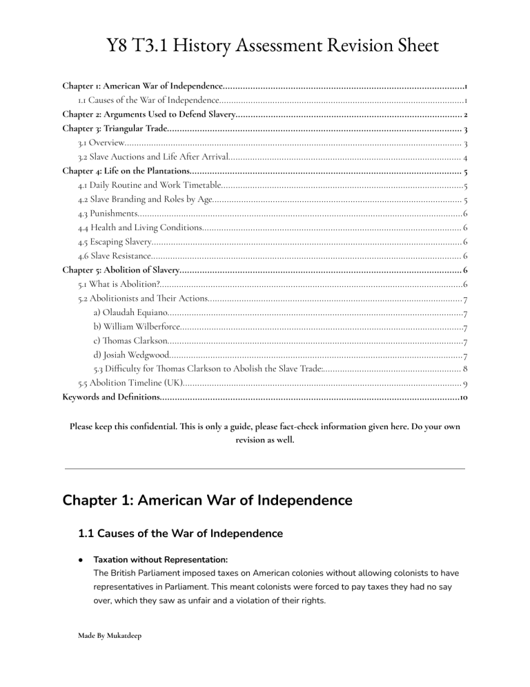 Y8 History: American Revolution, Slavery, & Abolition Revision