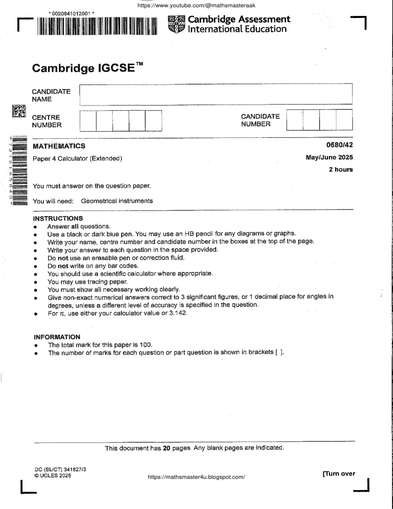 Cambridge IGCSE Mathematics Exam Paper 0580/42