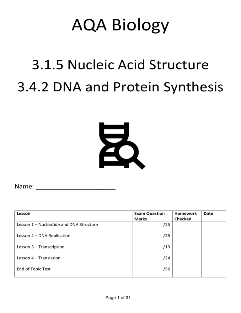 DNA Structure & Protein Synthesis Worksheet | AQA Biology