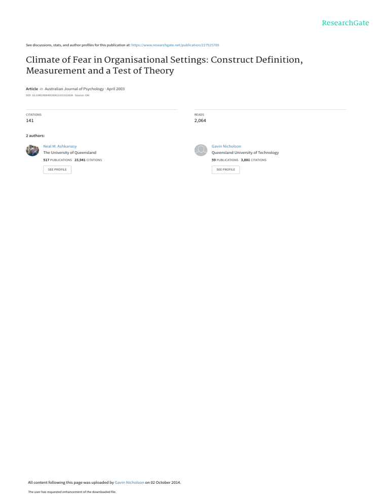 Climate of Fear in Organizations: Definition, Measurement, Theory