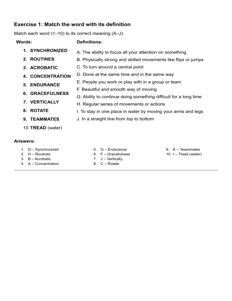 Movement Vocabulary Worksheet: Definitions & Fill-in