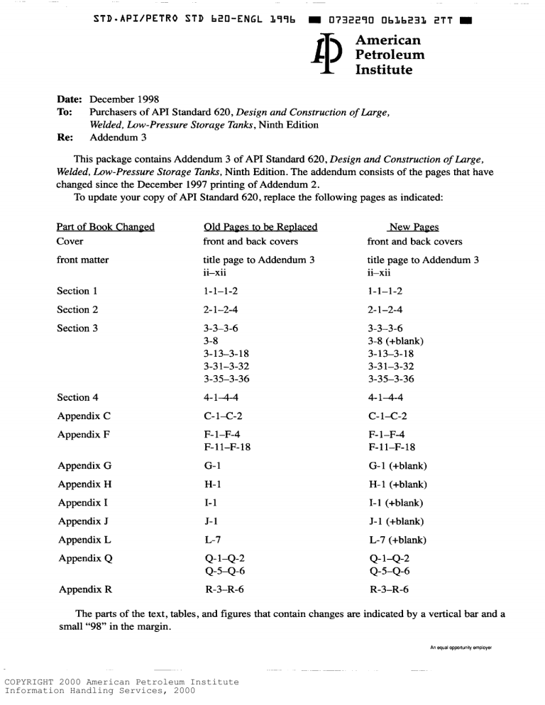 API Standard 620 Addendum 3: Large Welded Low-Pressure Storage Tanks