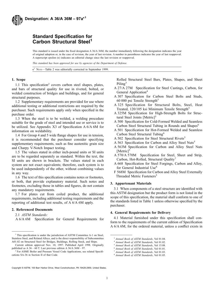 ASTM A36/A36M Carbon Structural Steel Specification - 1997