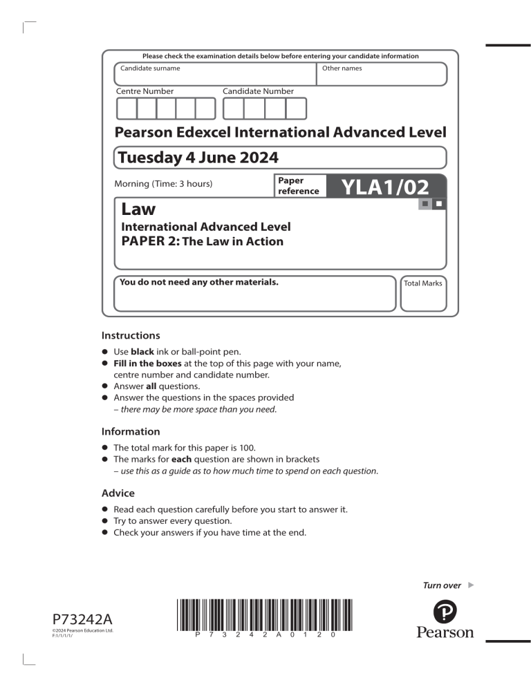 Pearson Edexcel International Advanced Level Law Paper 2: The Law in Action