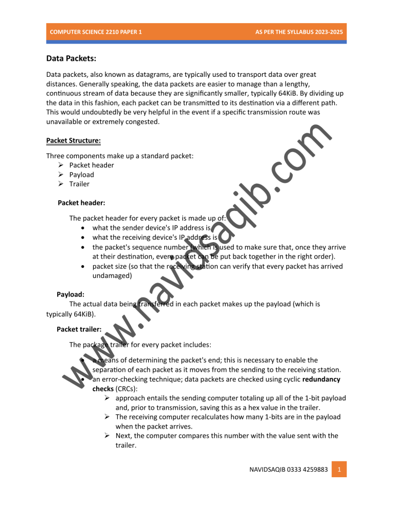 Data Packets & Transmission Methods - Computer Science Study Guide