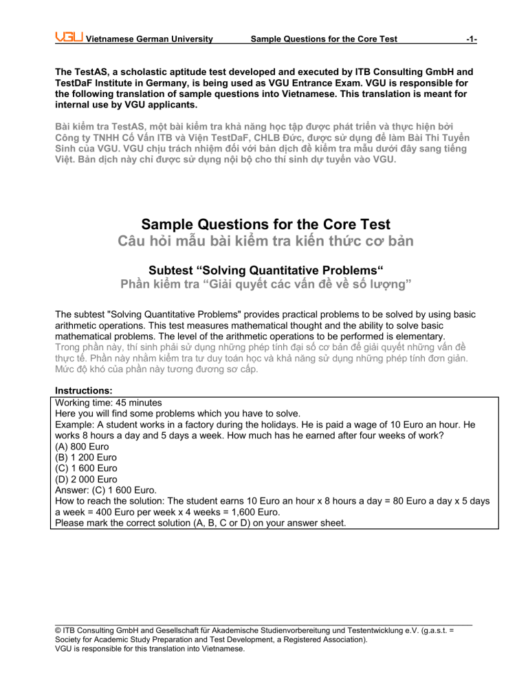 TestAS Sample Questions: Quantitative Problems