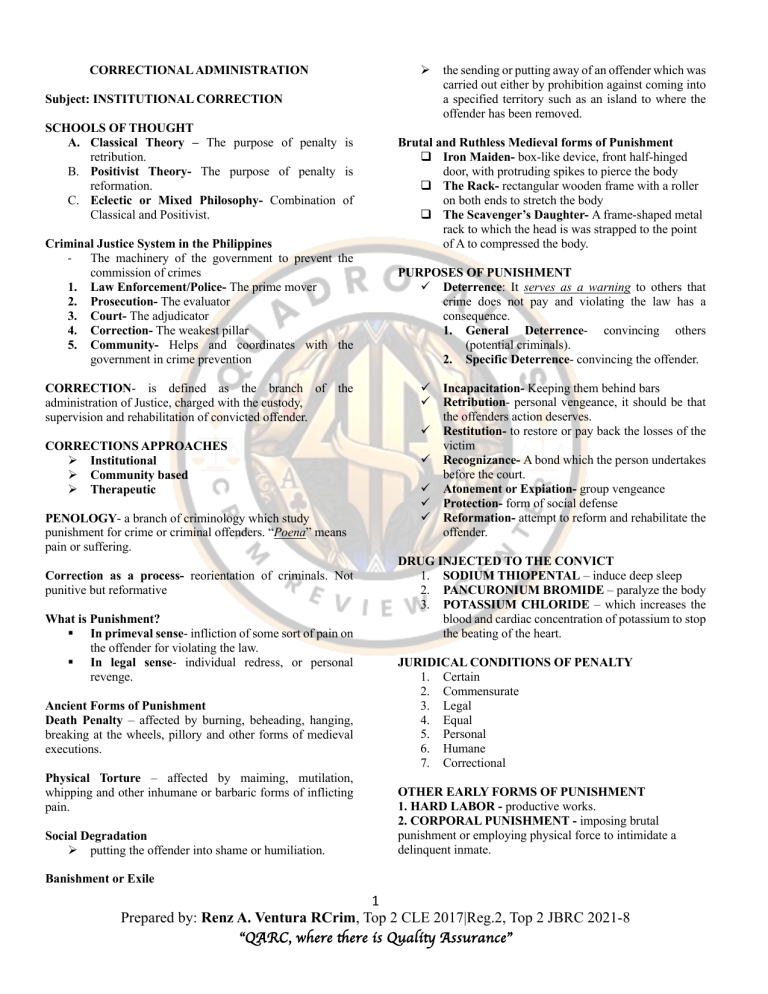 Correctional Administration: Institutional Correction Notes