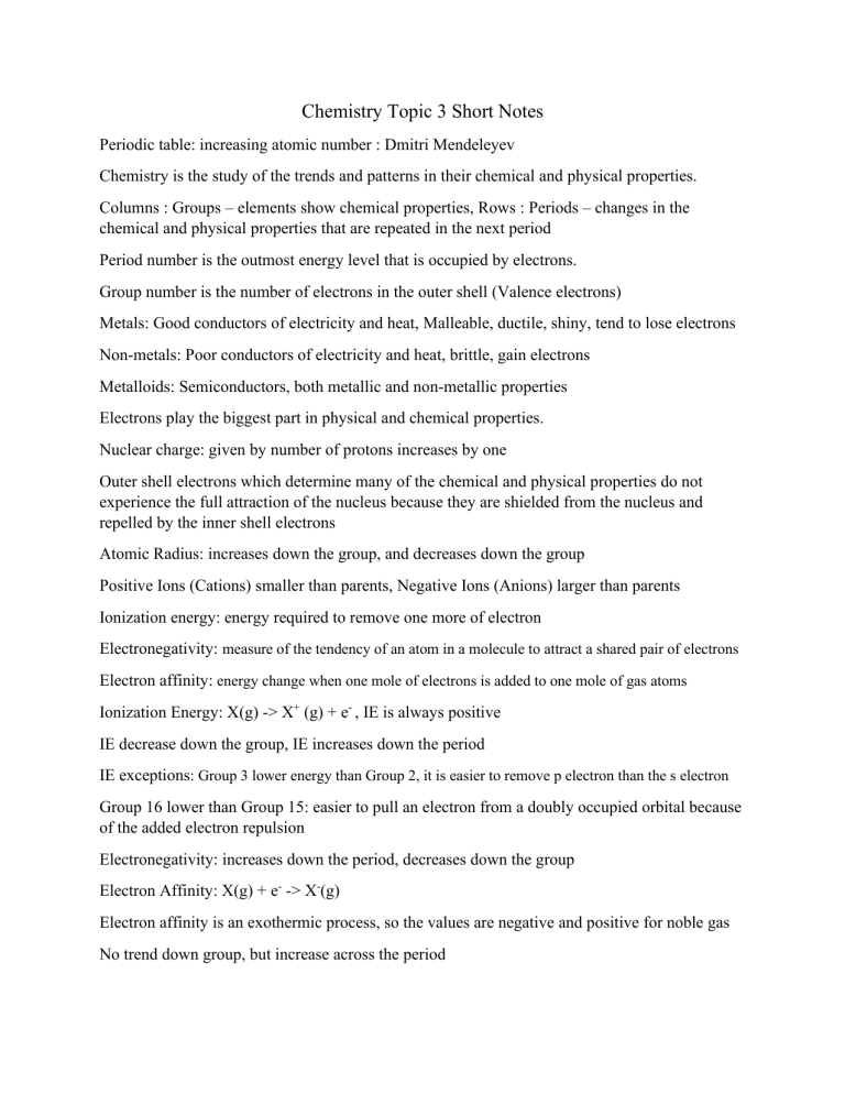 Chemistry Periodic Table Trends & Group Properties Notes