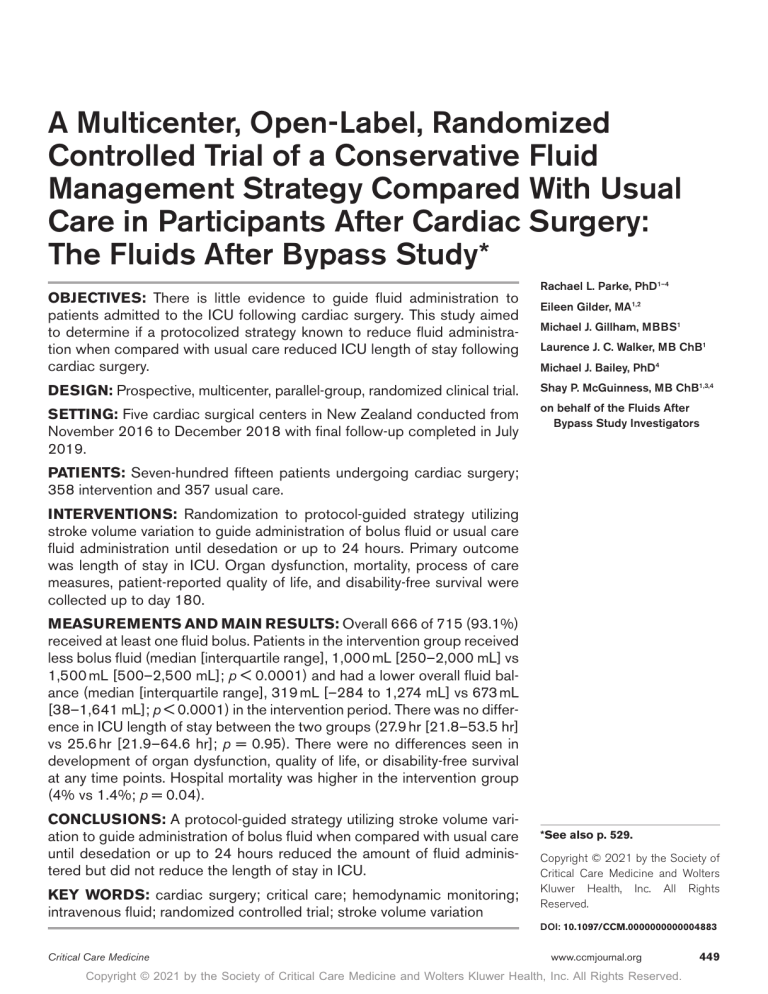 Fluid Management After Cardiac Surgery: A Randomized Trial