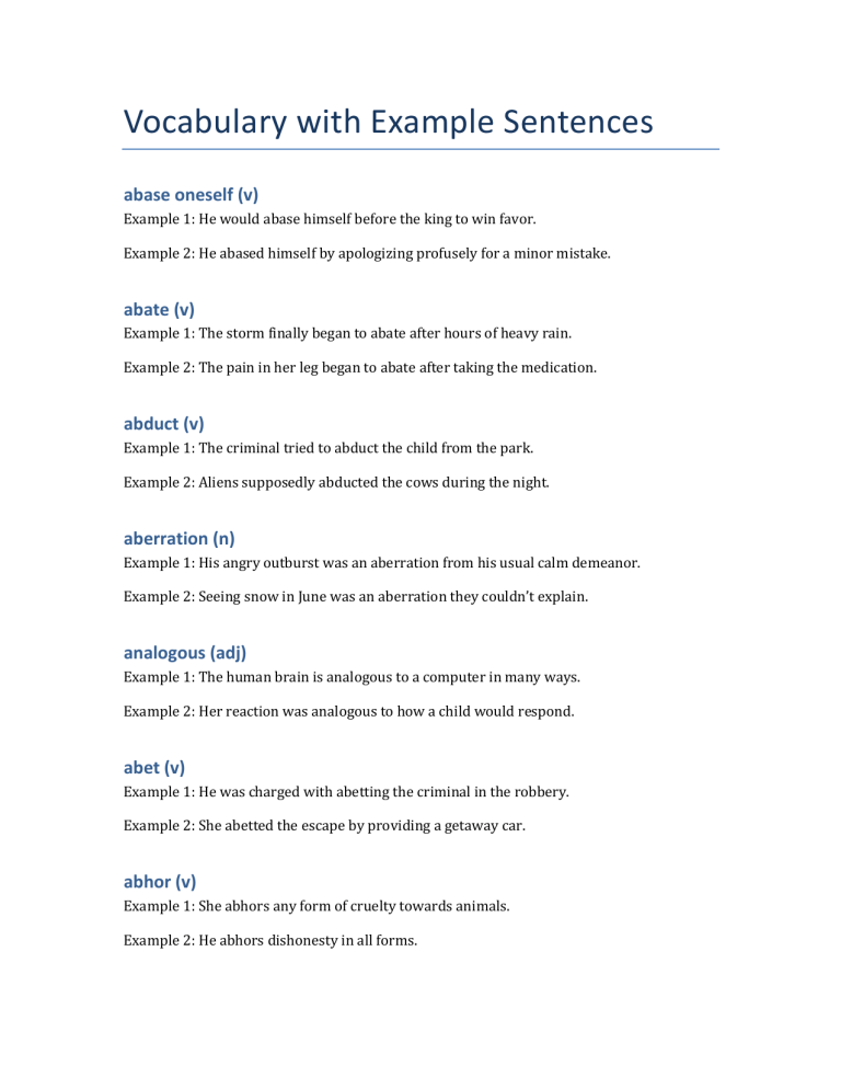 English Vocabulary List with Example Sentences