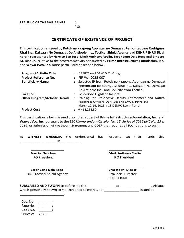 Certificate of Existence: DENRO & LAWIN Training Project