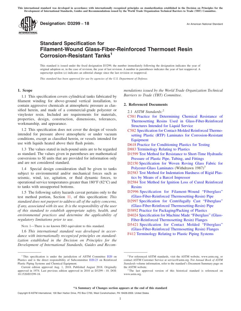 ASTM D3299-18: Filament-Wound Glass-Fiber Tanks Specification