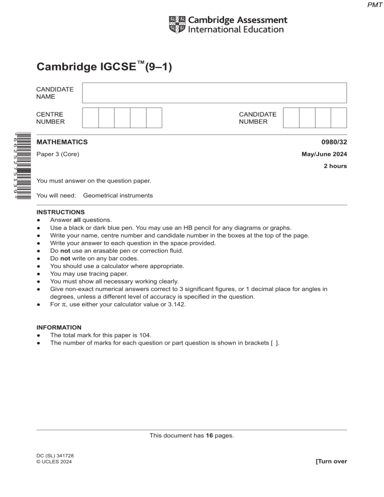 IGCSE Core Mathematics Exam Paper 2024