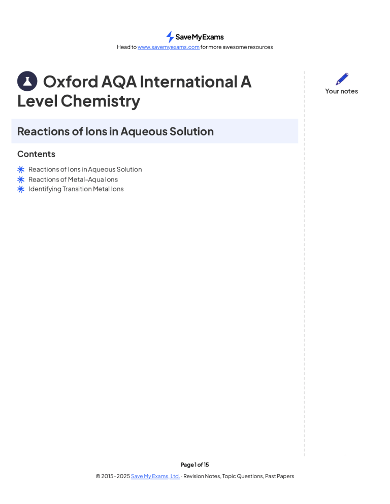 Reactions of Ions in Aqueous Solution: Chemistry Notes