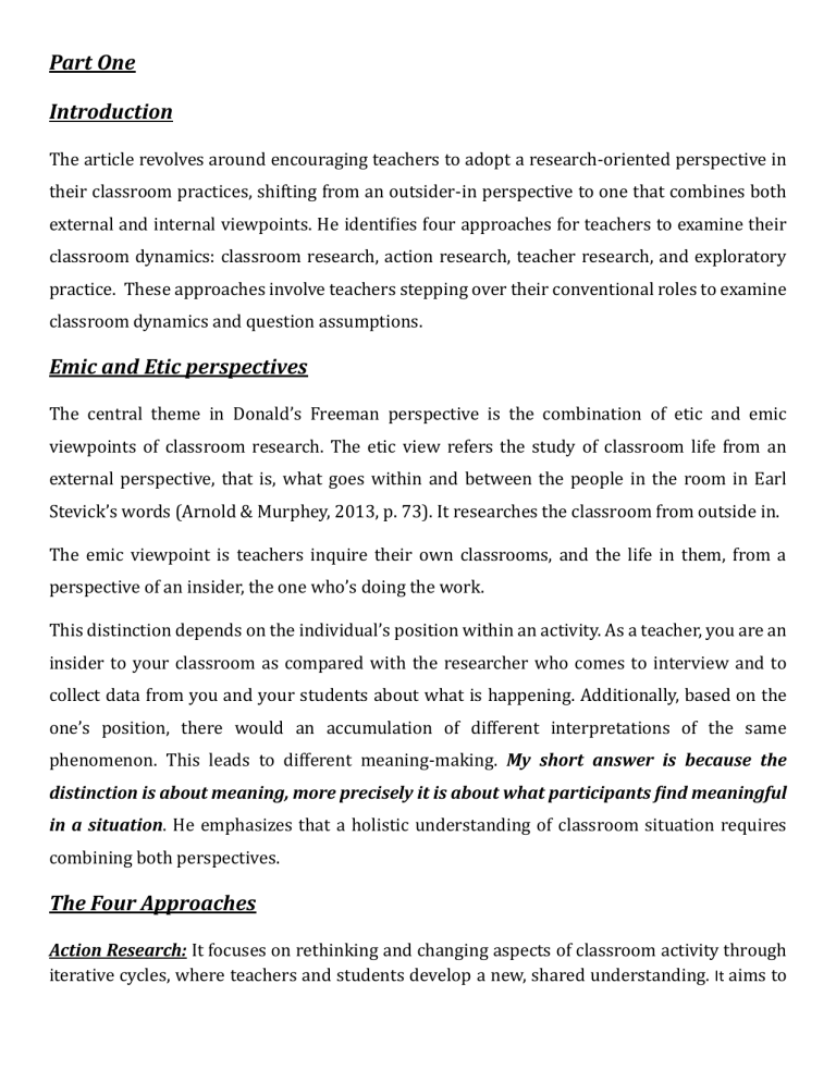 Teacher Research: Emic/Etic Perspectives & Four Approaches