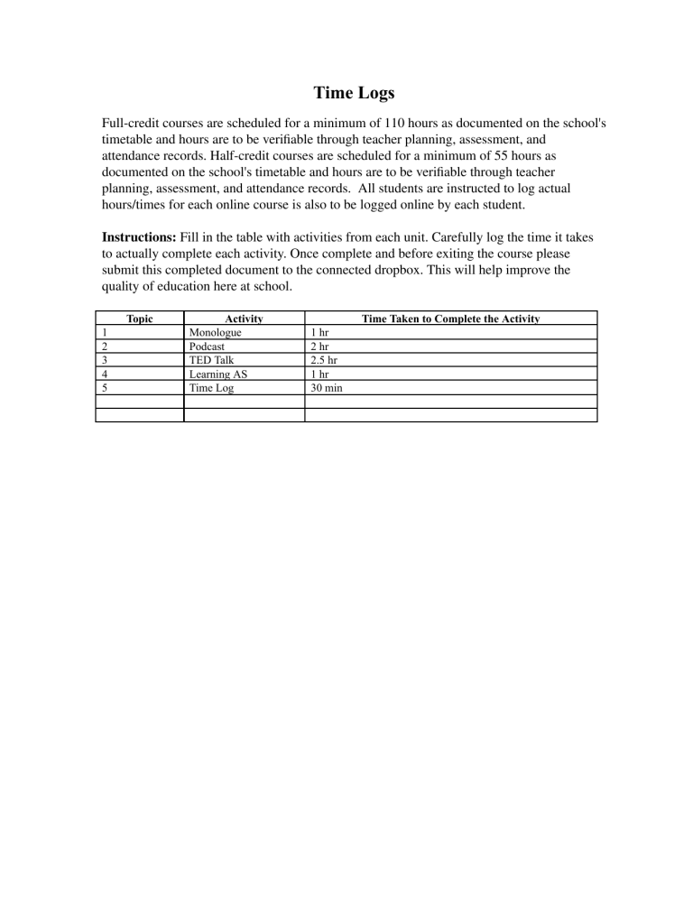 Online Course Time Log: Track Your Learning Hours