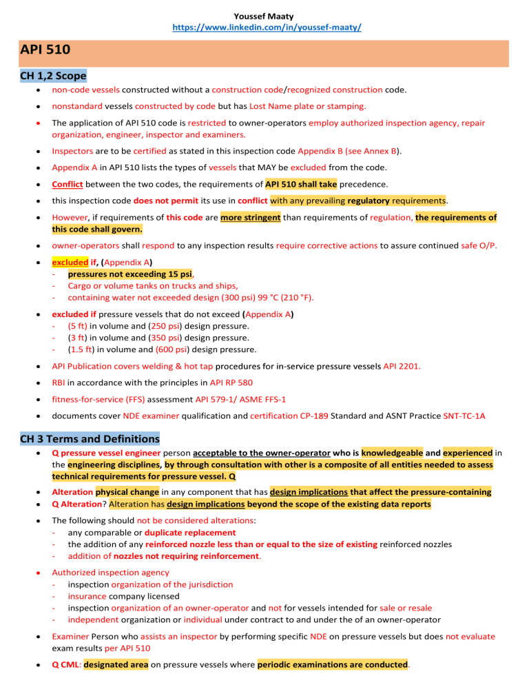 API 510 Pressure Vessel Inspection Study Notes