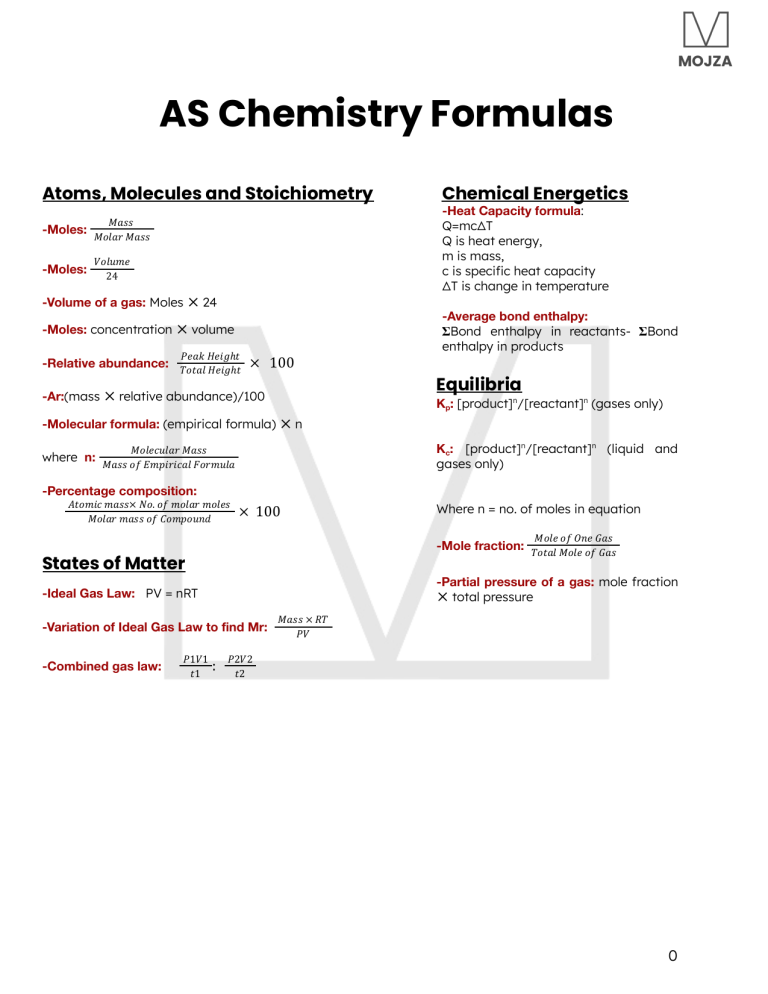 AS Chemistry Formulas: Stoichiometry, Energetics, Equilibria