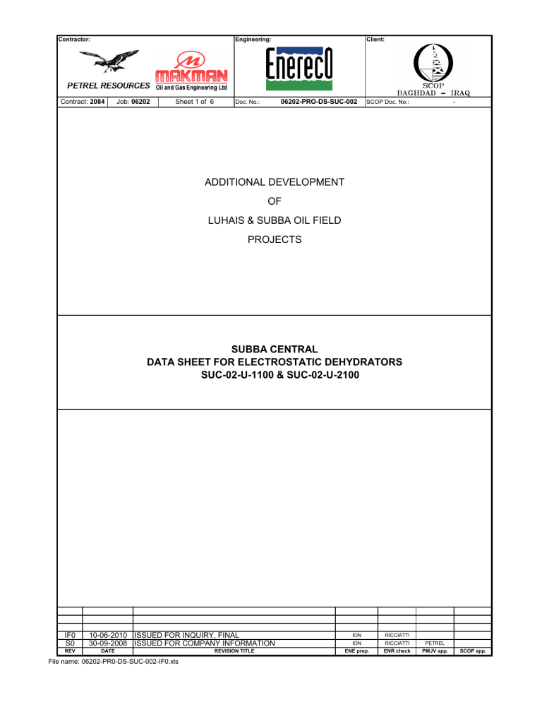 Electrostatic Dehydrator Data Sheet: Oil & Gas Project