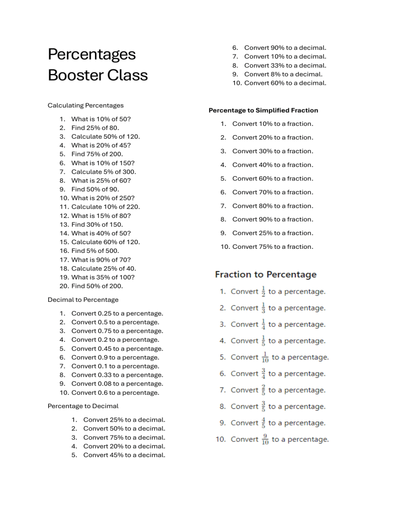 Percentages Worksheet: Practice & Conversions
