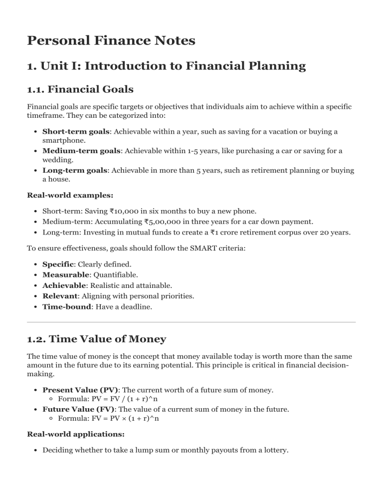 Personal Finance Notes: Goals, Investments, Loans & Financial Planning