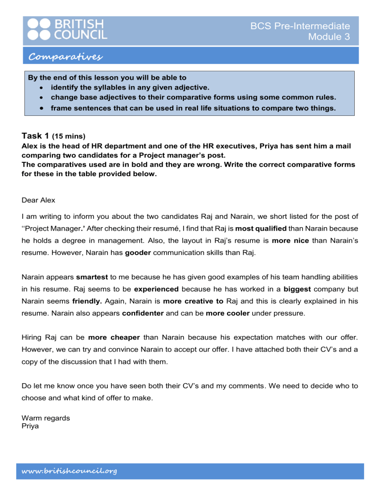 BCS Pre-Intermediate English: Comparatives Grammar Lesson Module