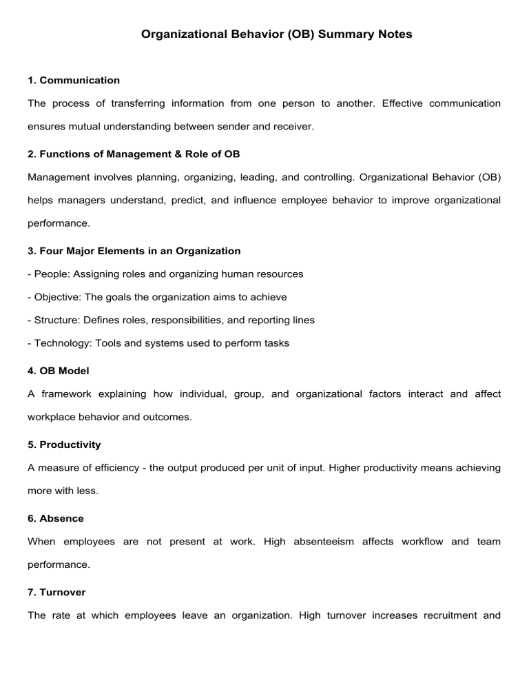 Organizational Behavior (OB) Summary Notes: Key Concepts & Theories