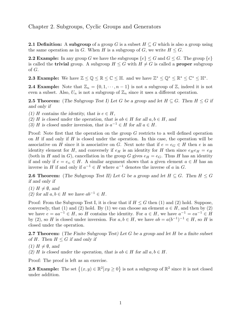 Subgroups, Cyclic Groups & Generators: Lecture Notes