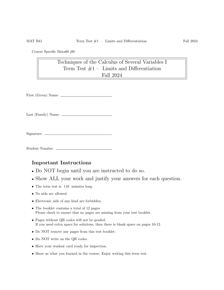 Calculus Term Test: Limits & Differentiation