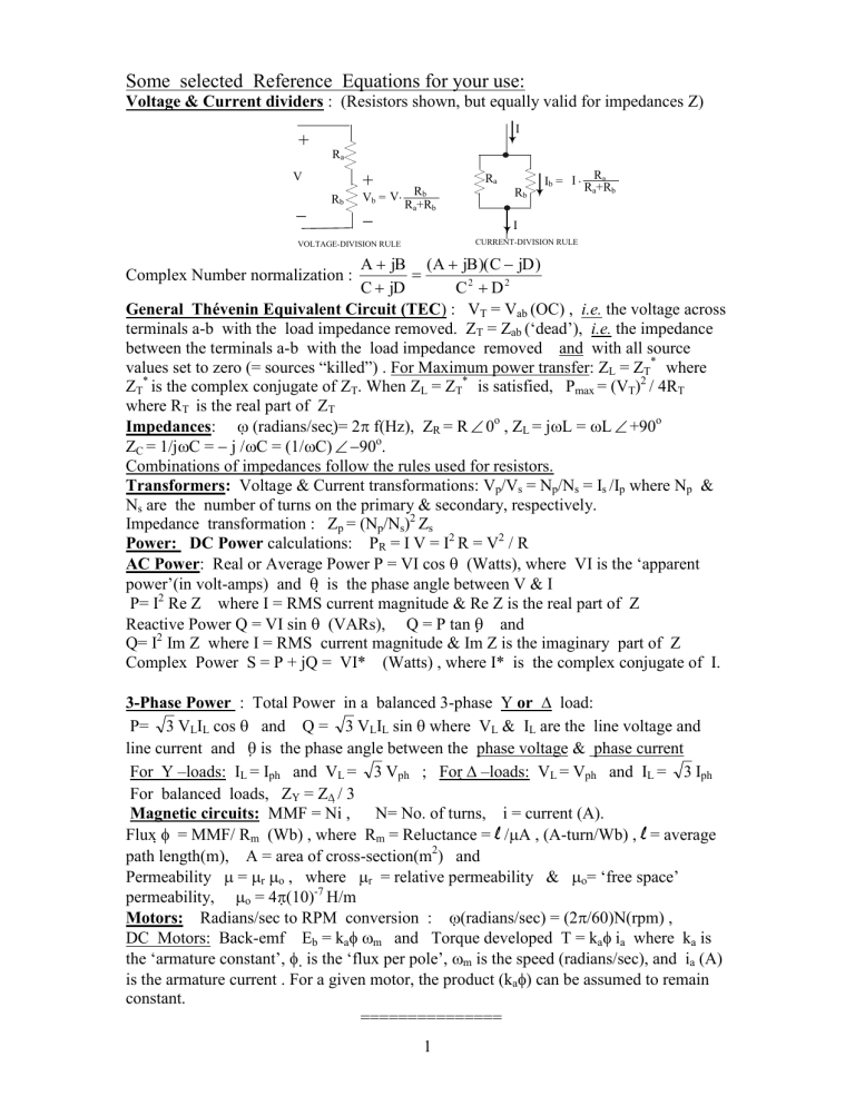 Electrical Engineering Reference Equations
