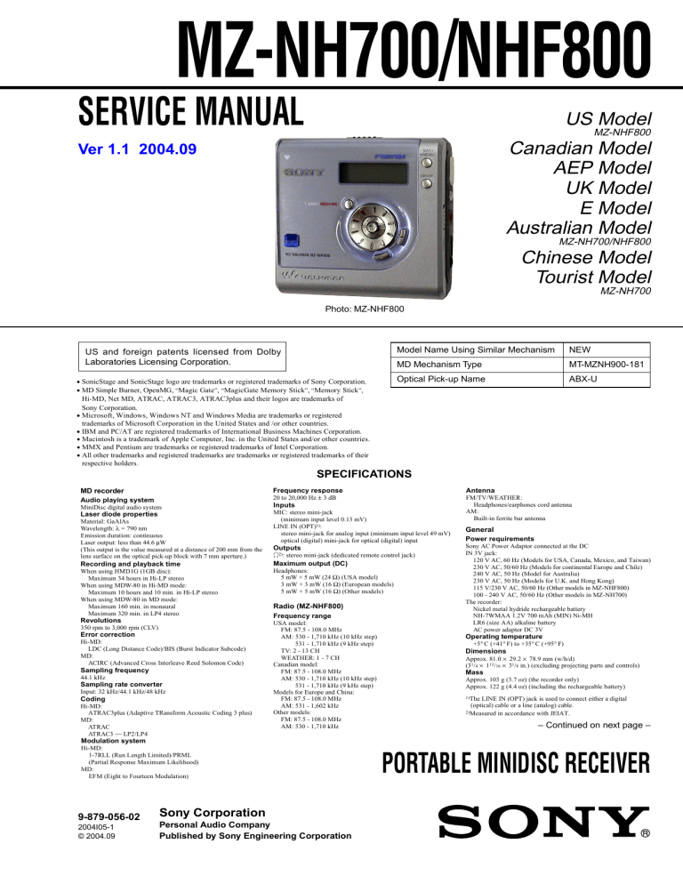 Sony MZ-NH700/NHF800 Service Manual