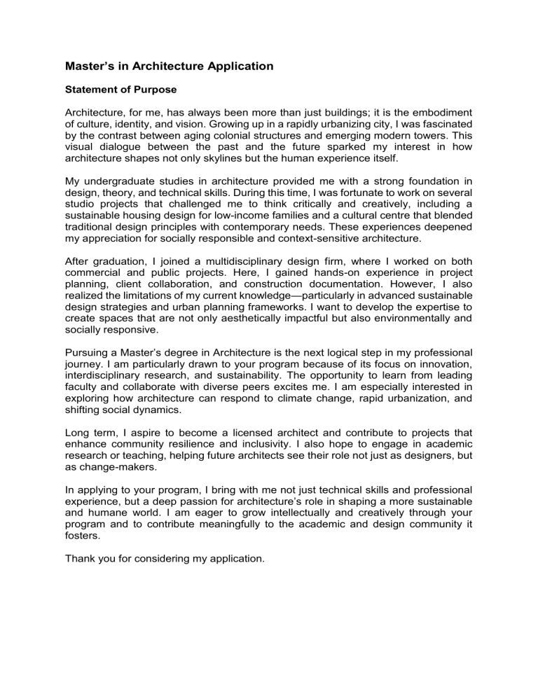 Architecture Master's Application: Statement of Purpose
