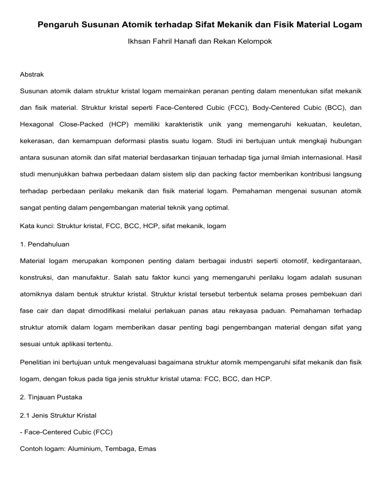 Struktur Atomik & Sifat Logam: Analisis FCC, BCC, HCP