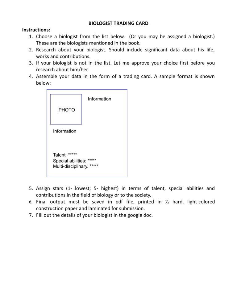 Biologist Trading Card Assignment Instructions