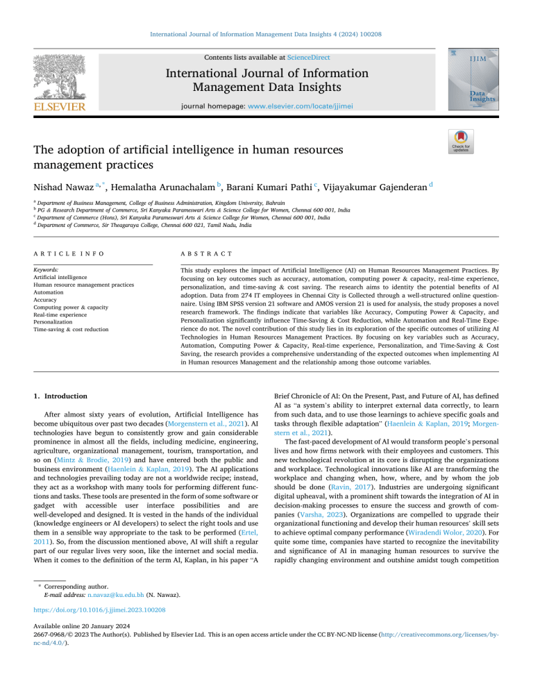 AI Adoption in Human Resources Management Practices