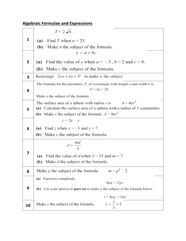 Algebraic Formulas & Expressions Worksheet