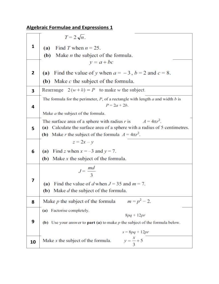 Algebraic Formulae and Expressions Worksheet