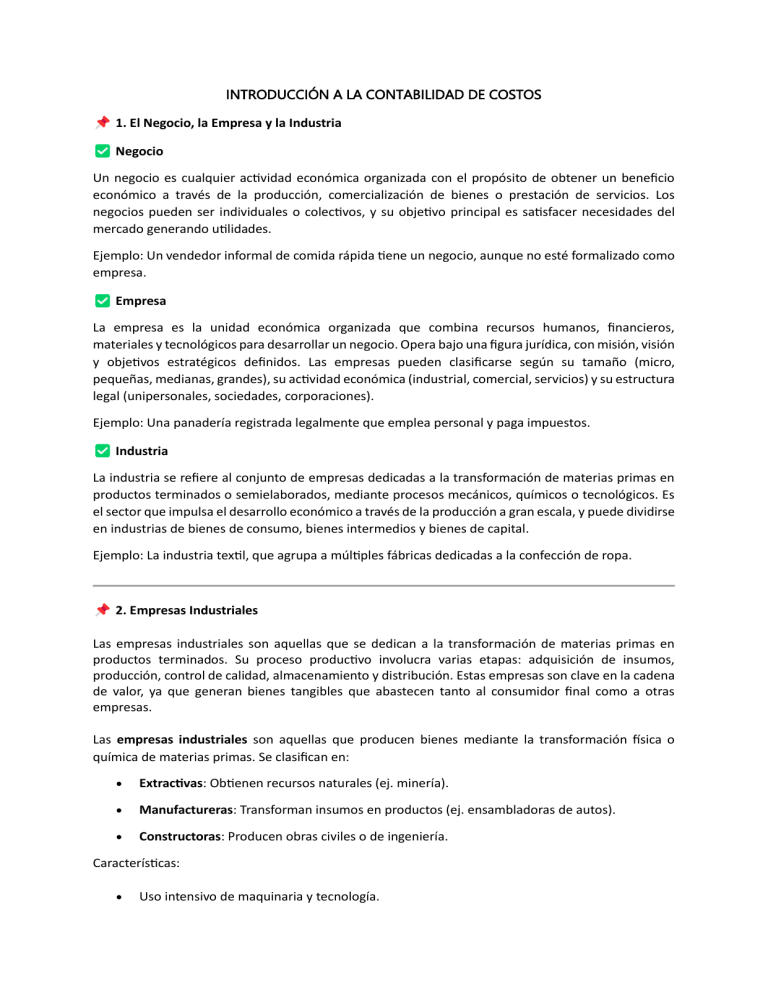 Introducción a la Contabilidad de Costos: Negocios e Industria