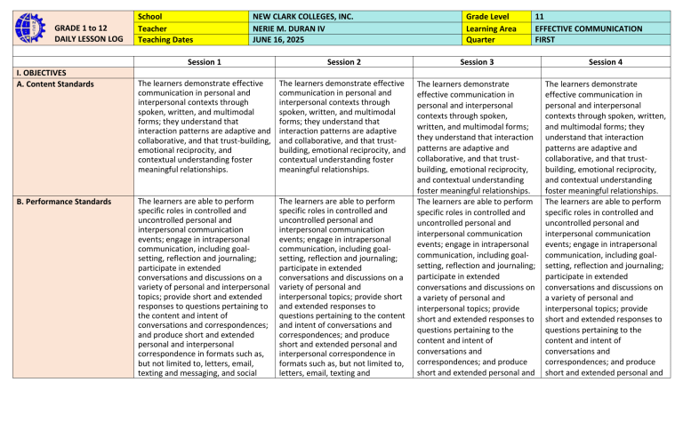 Effective Communication Lesson Log for Grade 11