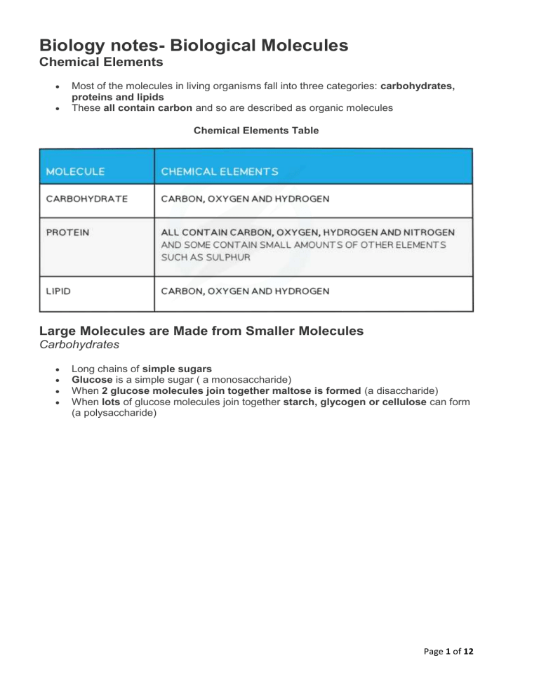 Biology Notes: Biological Molecules, Food Tests, DNA