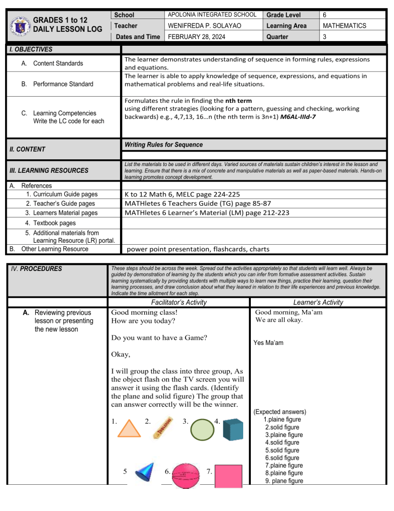 6th Grade Math: Writing Rules for Sequences Lesson Log