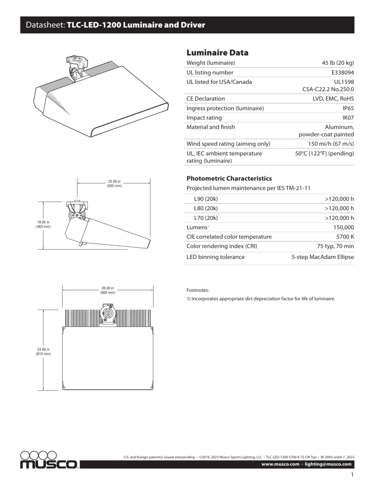 TLC-LED-1200 Luminaire Datasheet: Specs & Wiring